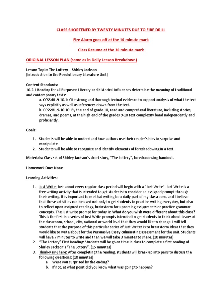 Day 1 - Revised Lesson Plan Due To Fire Drill | PDF | Lesson Plan ...