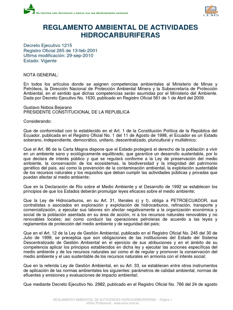 Reglamento Ambiental Hidrocarburos Ecuador | PDF | Residuos | Petróleo