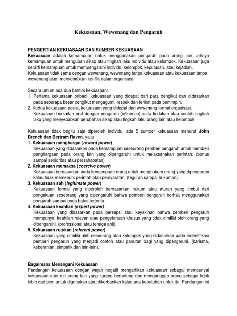 Jenis Kekuasaan dan Wewenang dalam Organisasi | PDF