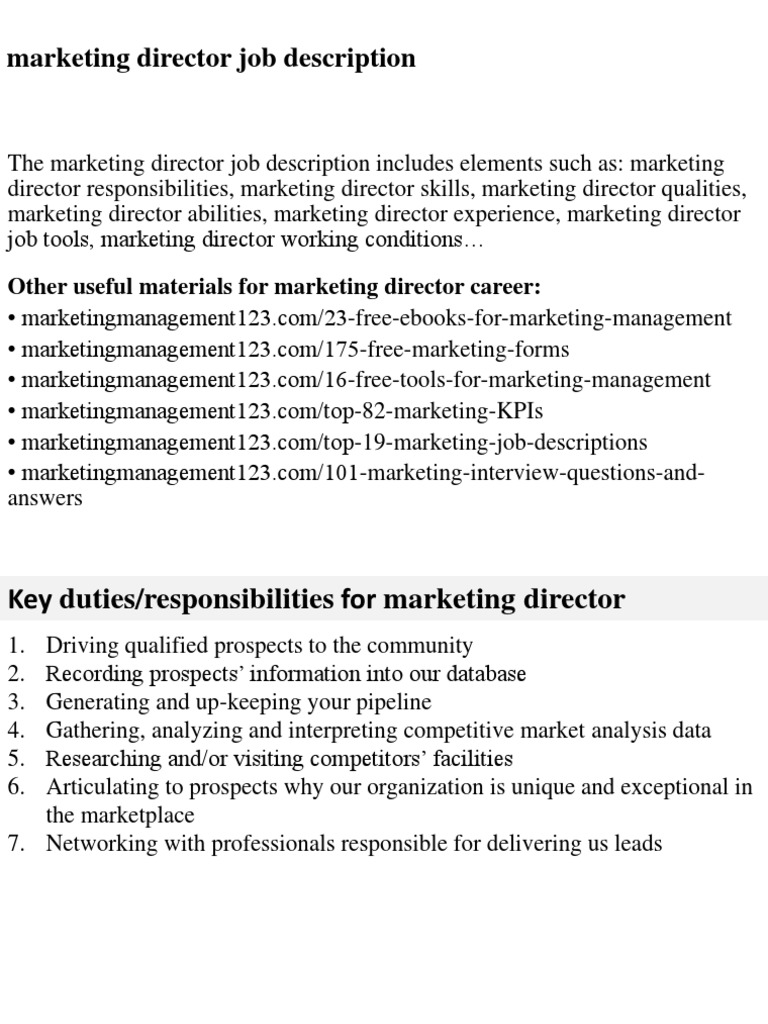 Marketing Director Job Description | Recruitment | Marketing