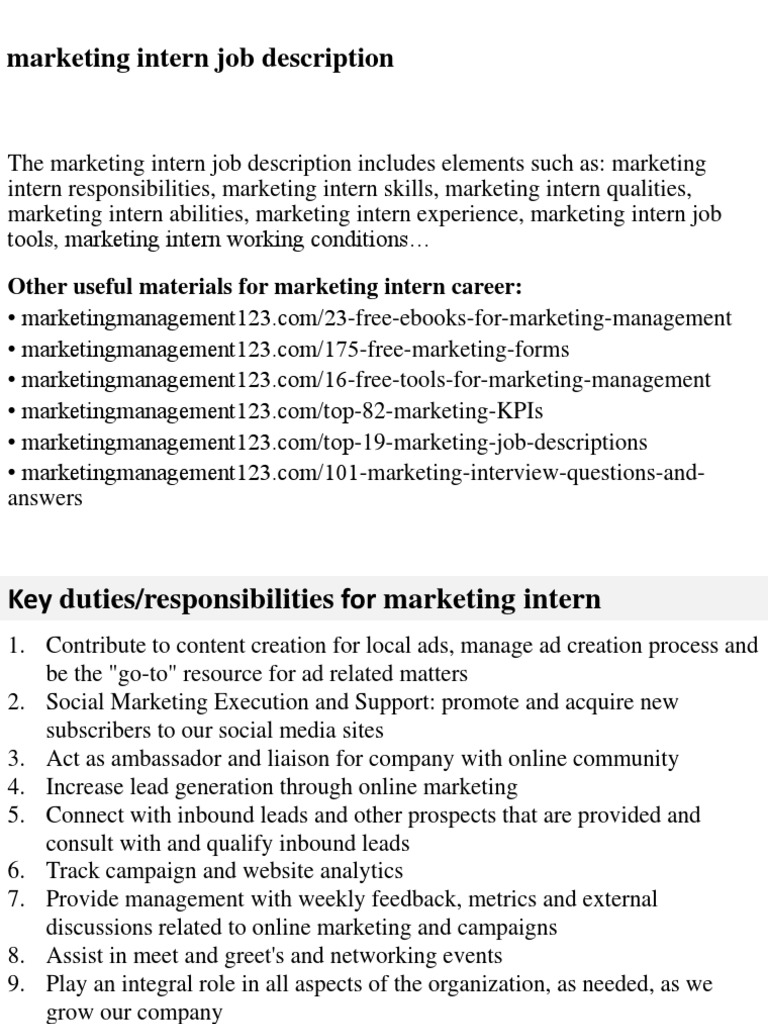 Marketing Intern Job Description Guide | PDF | Marketing | Employment