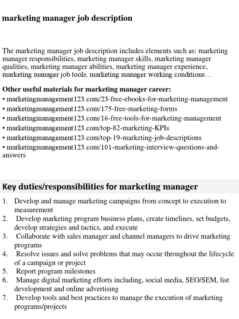Marketing Manager Job Description | PDF | Search Engine Marketing ...