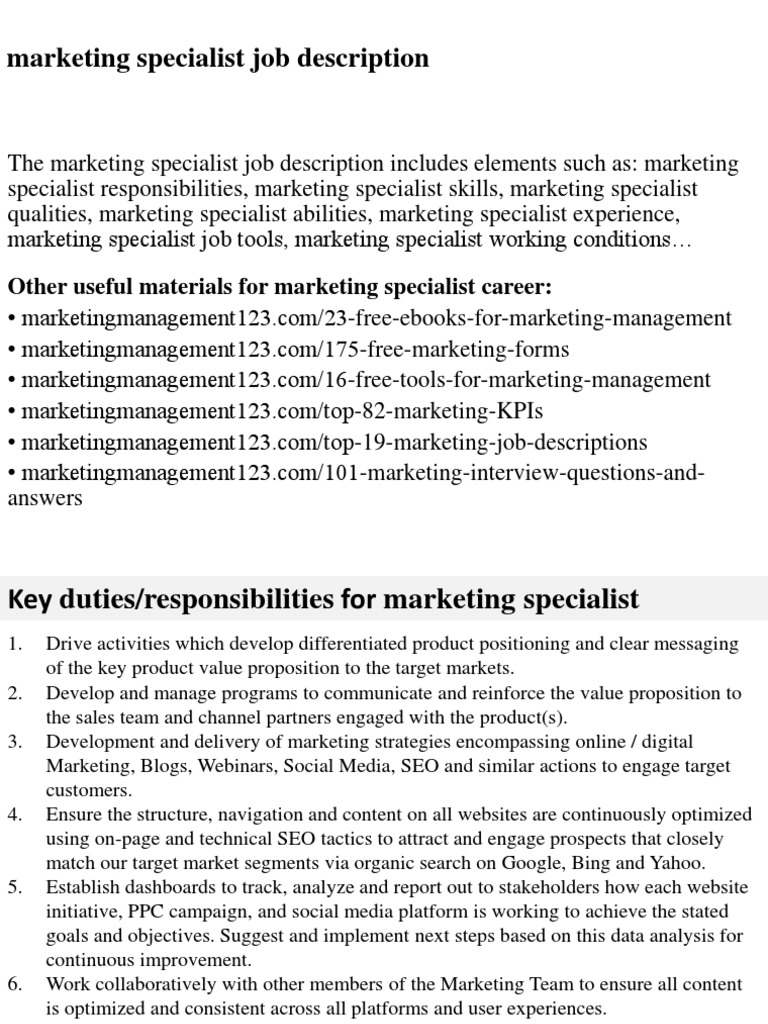 Marketing Specialist Job Description | PDF | Search Engine Optimization ...