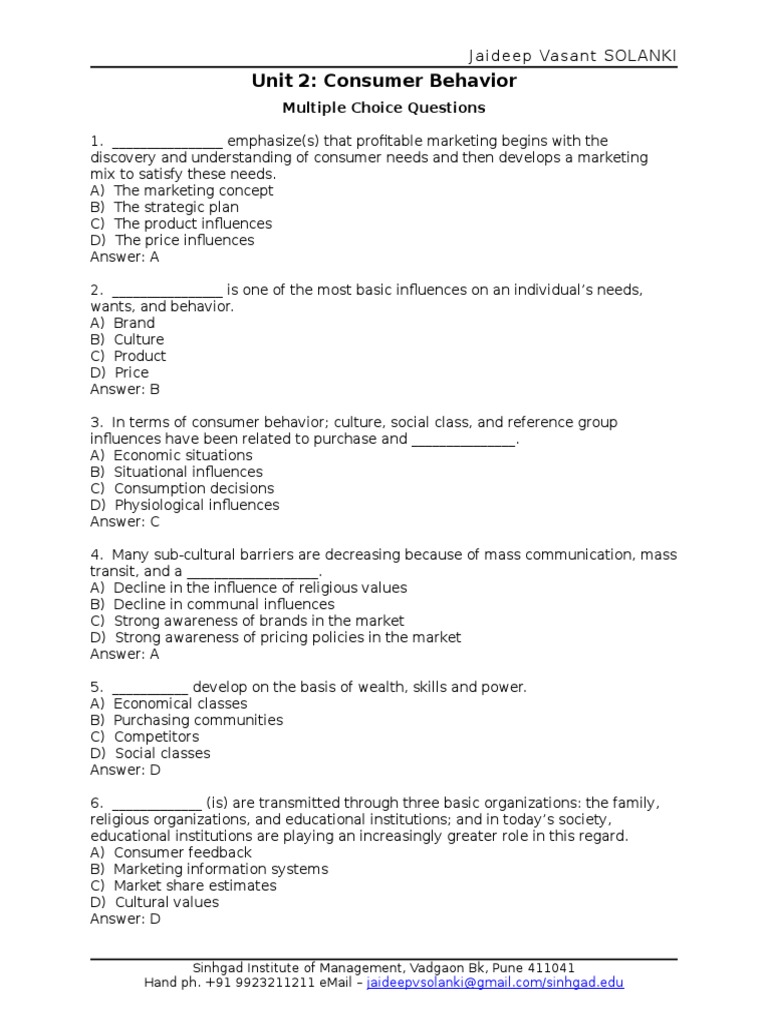 Consumer Behavior MCQ | PDF | Consumer Behaviour | Marketing