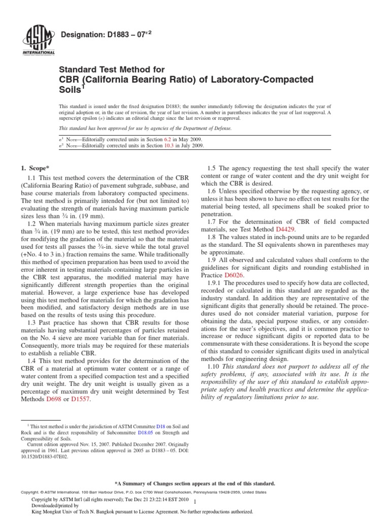 Astm D 1883 07 Standard Test Method For CBR California Beari | PDF ...