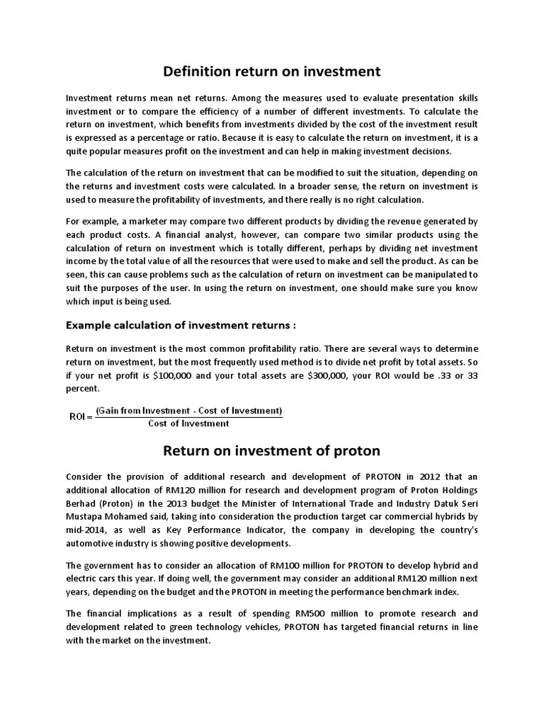Definition Return On Investment: Example Calculation of Investment ...