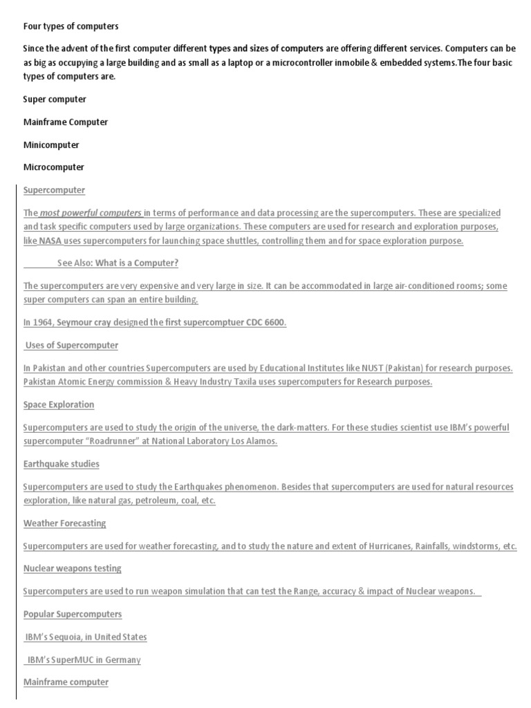 Four Types of Computers | PDF | Microcomputers | Supercomputer