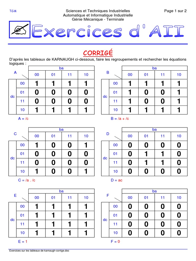 Exercices Sur Les Tableaux de Karnaugh-Corrige | PDF | Technologie et ...