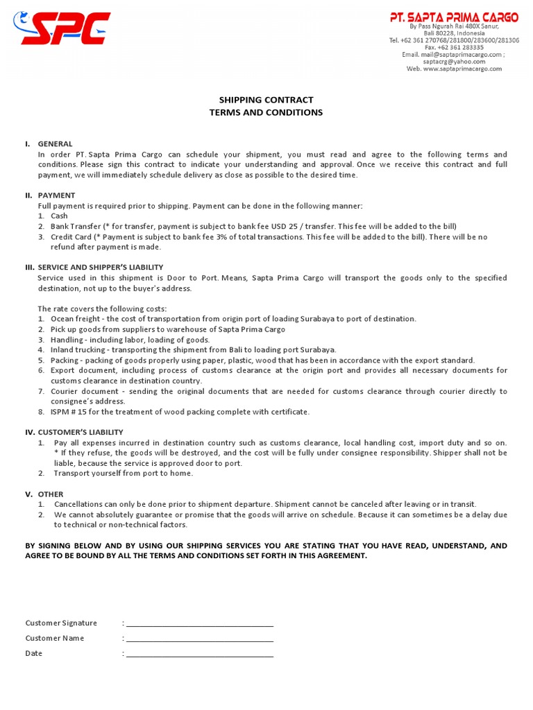 Shipping Contract - Terms and Conditions | PDF | Cargo | Freight Transport