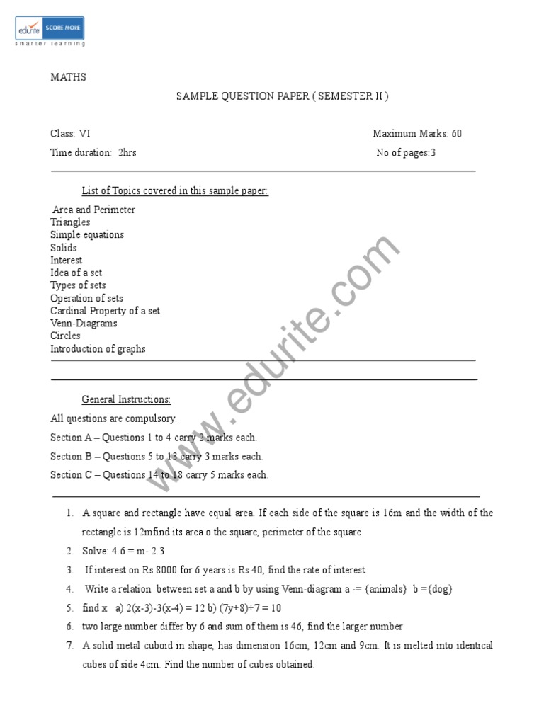 Class 6 Maths Sample Paper Term 2 | PDF | Teaching Methods & Materials ...