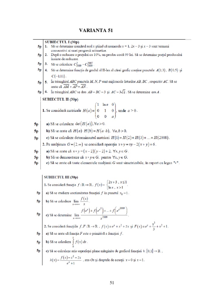 Variante BAC Matematica 2009 | PDF