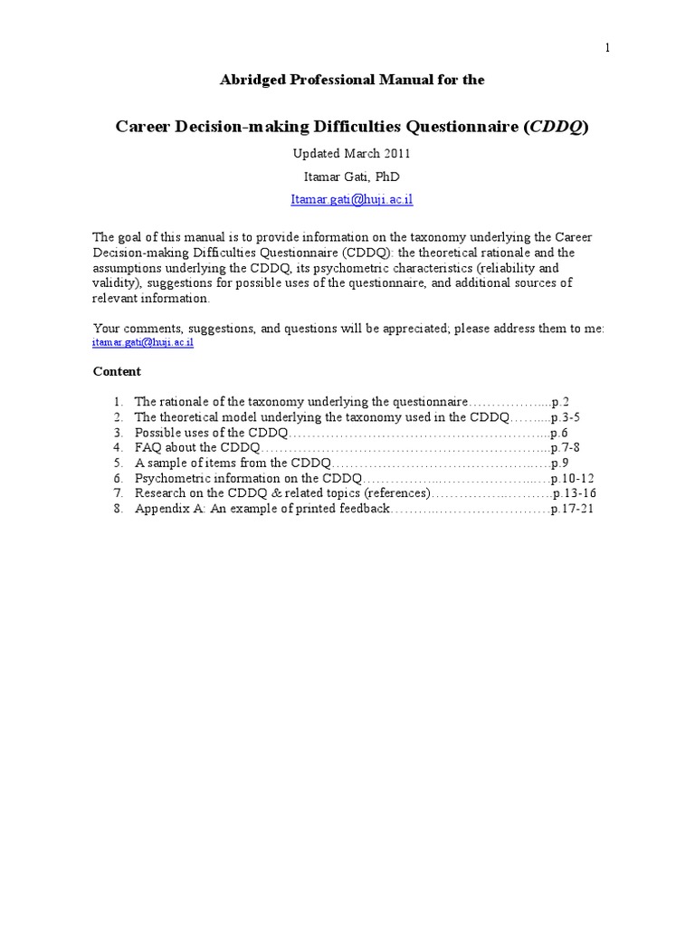 CDDQ Manual 3 2011 | PDF | School Counselor | Decision Making