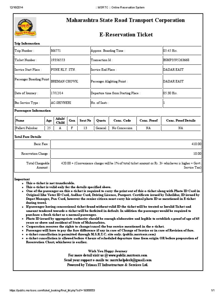 MSRTC Online Ticket Reservation Details | PDF | Identity Document ...