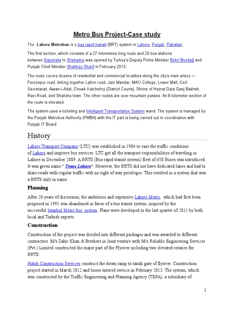 Lahore Metro Bus Project Overview | PDF | Land Transport | Bus Transport