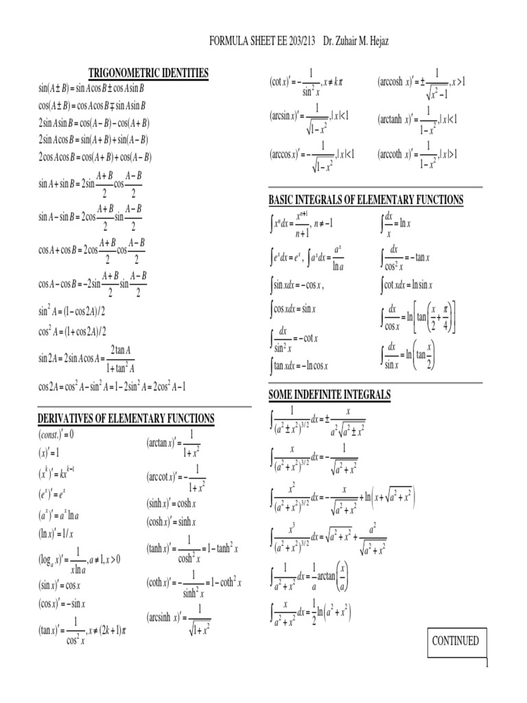 EE 203/213 Formula Sheet Overview | PDF