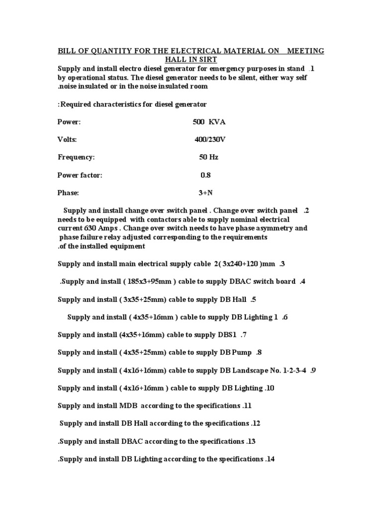 Bill of Quantity For The Electrical Material On Meeting | PDF ...