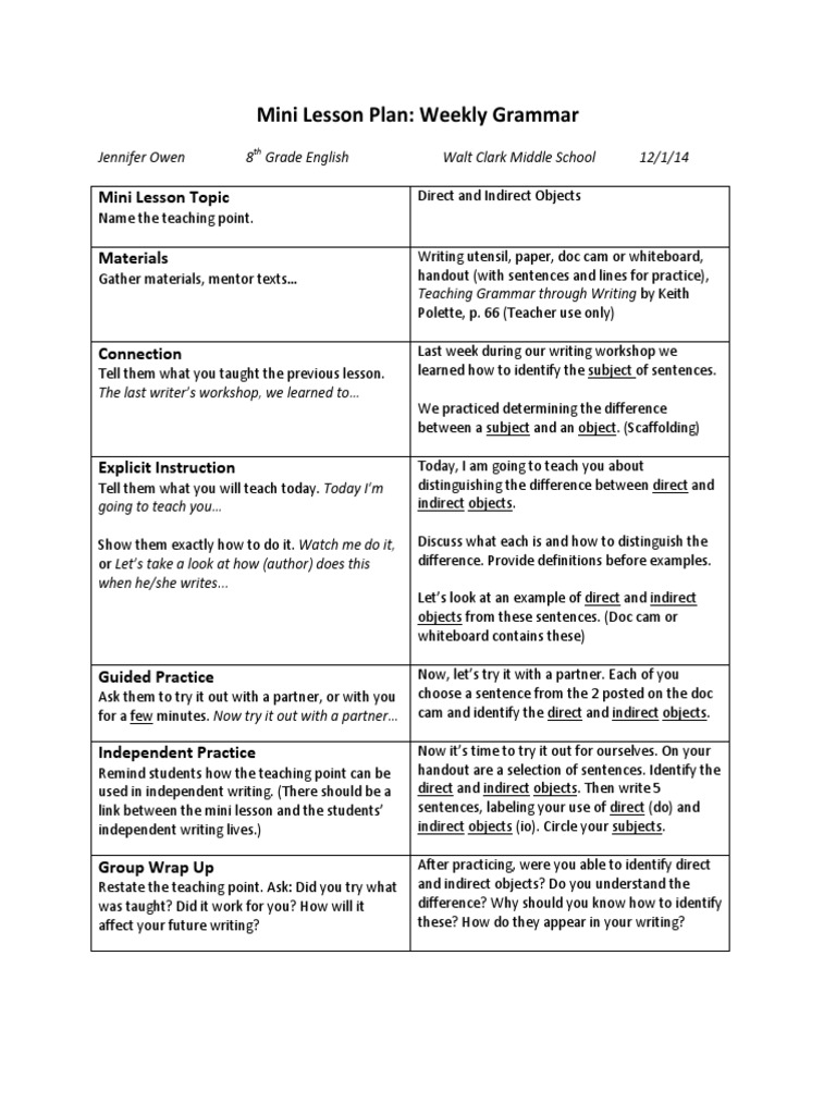 Mini Lesson Plan-Direct and Indirect Objects | PDF | Lesson Plan | Teachers