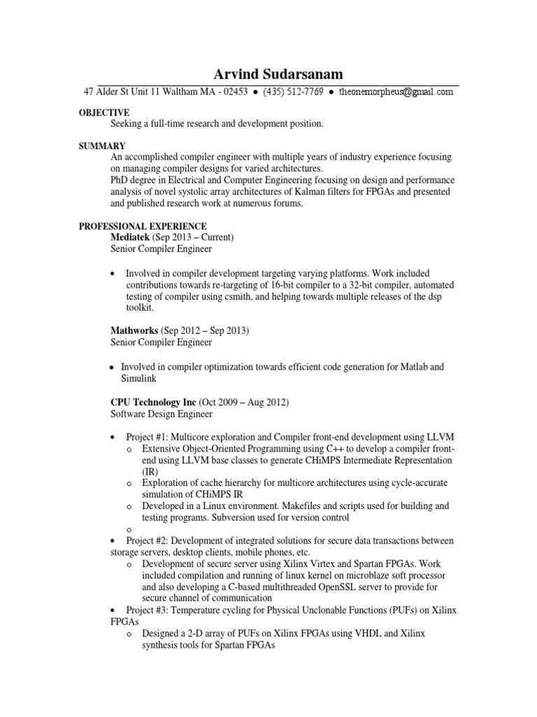 Arvind Sudarsanam Resume | PDF | Field Programmable Gate Array | Compiler
