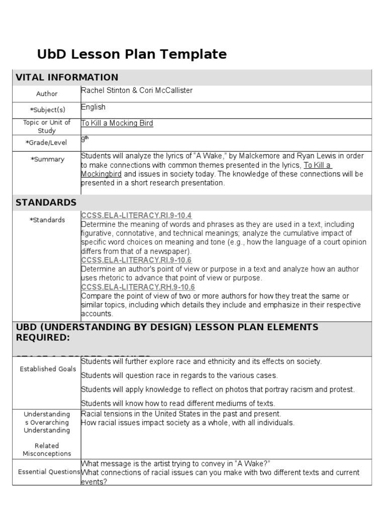 Ubd Lesson Plan | PDF | Lesson Plan | Teaching
