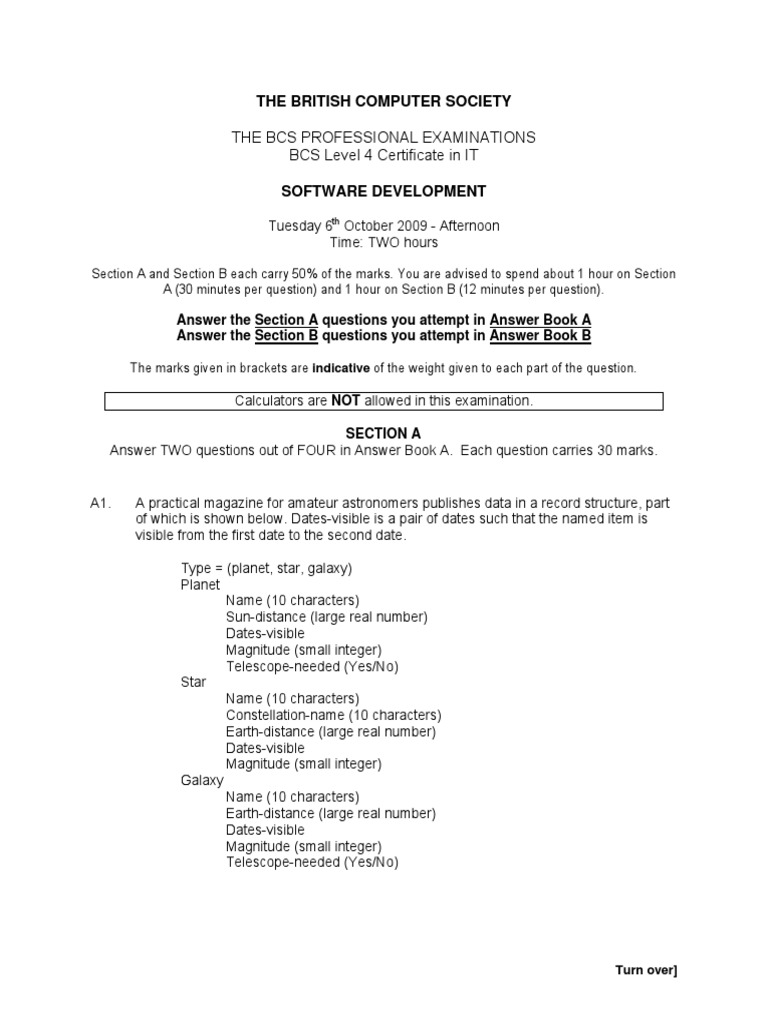 The Bcs Professional Examinations BCS Level 4 Certificate in IT | PDF | Subroutine | Parameter ...