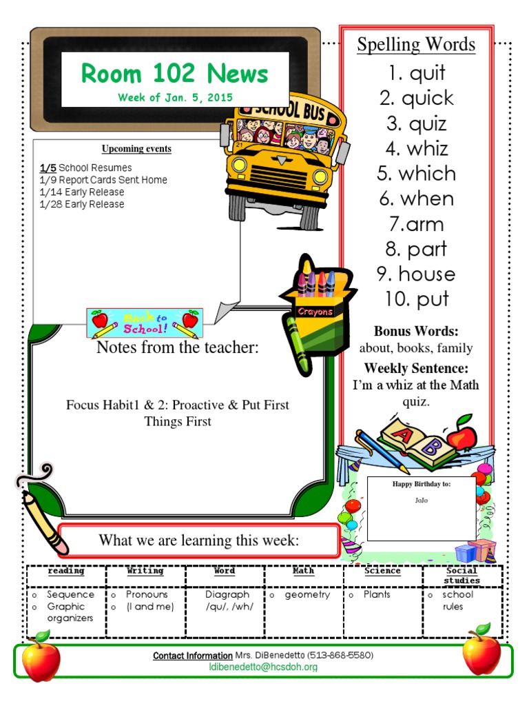 Weekly Learning Overview for Room 102 | PDF