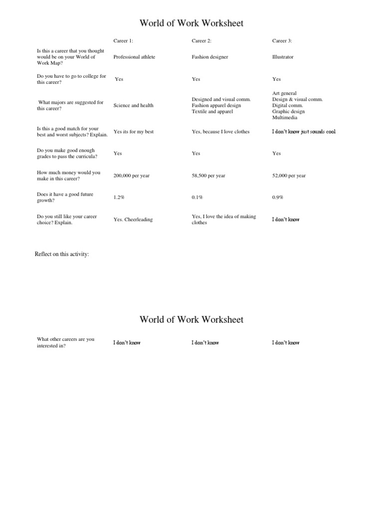 World of Work Worksheet | PDF | Career & Growth | Social Science