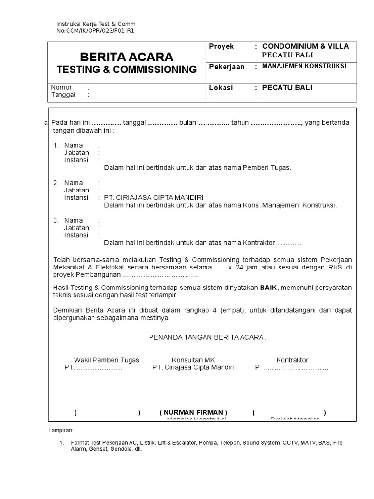 Testing & Commissioning Proyek Pecatu | PDF | Bisnis | Komputer