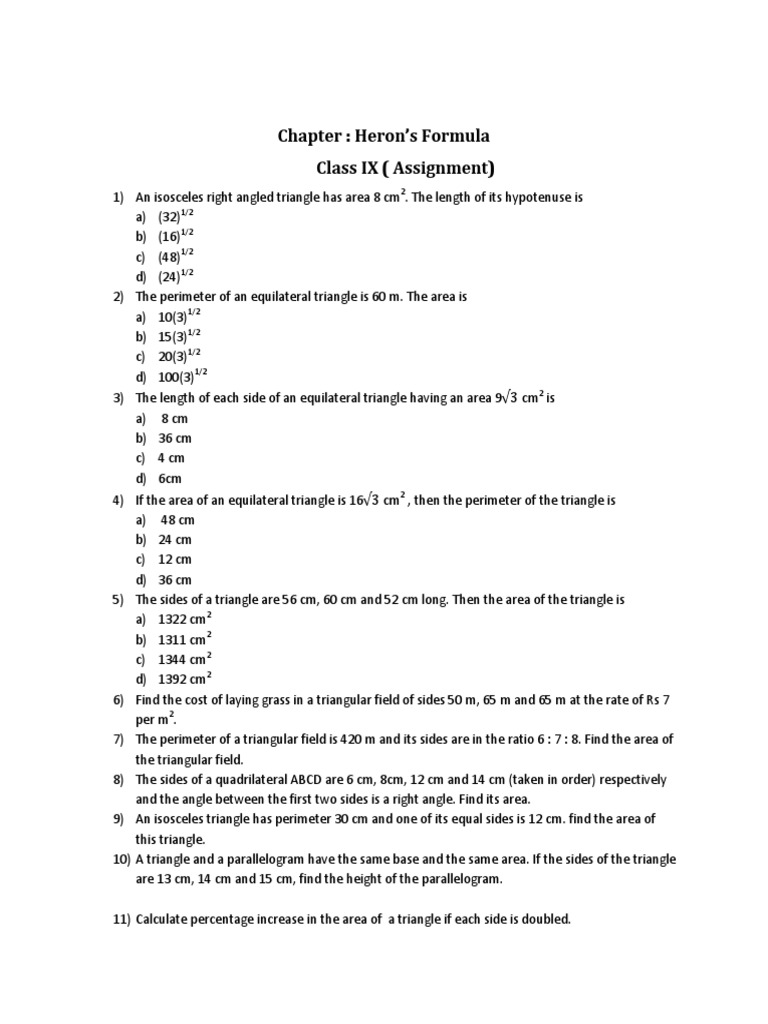 Assignment Class 9 CBSE Heron's Formula | PDF | Area | Triangle