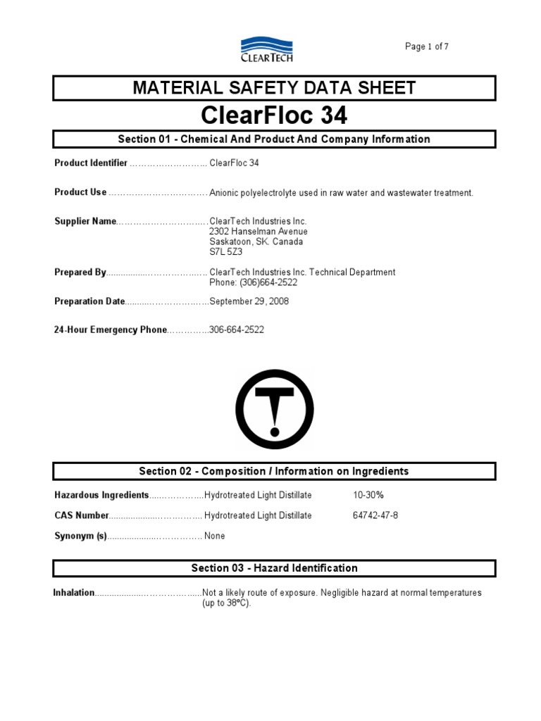 MSDS - Polyelectrolyte, Cleartech | PDF | Personal Protective Equipment | Breathing
