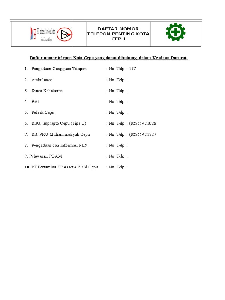 Daftar No Telepon Penting Kota Cepu - Agus | PDF | Sains & Matematika