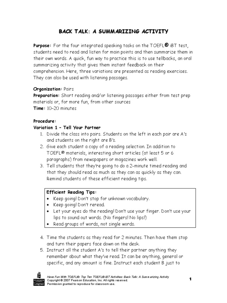 Back Talk ACTIVITY | PDF | Reading (Process) | Reading Comprehension