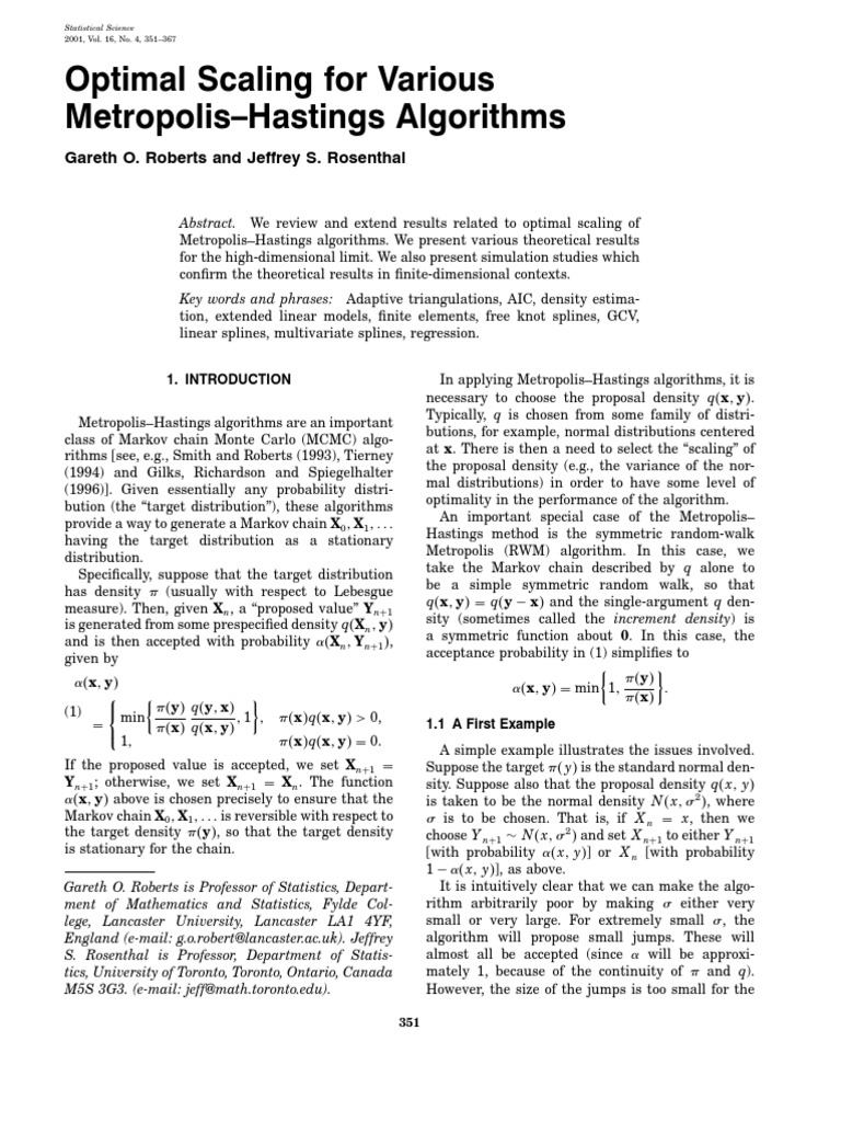 Roberts01 OptimalScaling Metropolis–Hastings Algorithms | Markov Chain ...