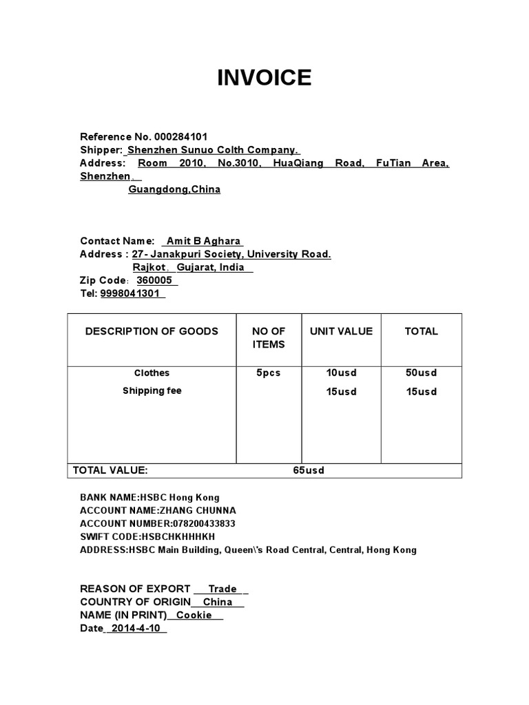 Invoice for Clothing Shipment to India | PDF | Finance & Money Management
