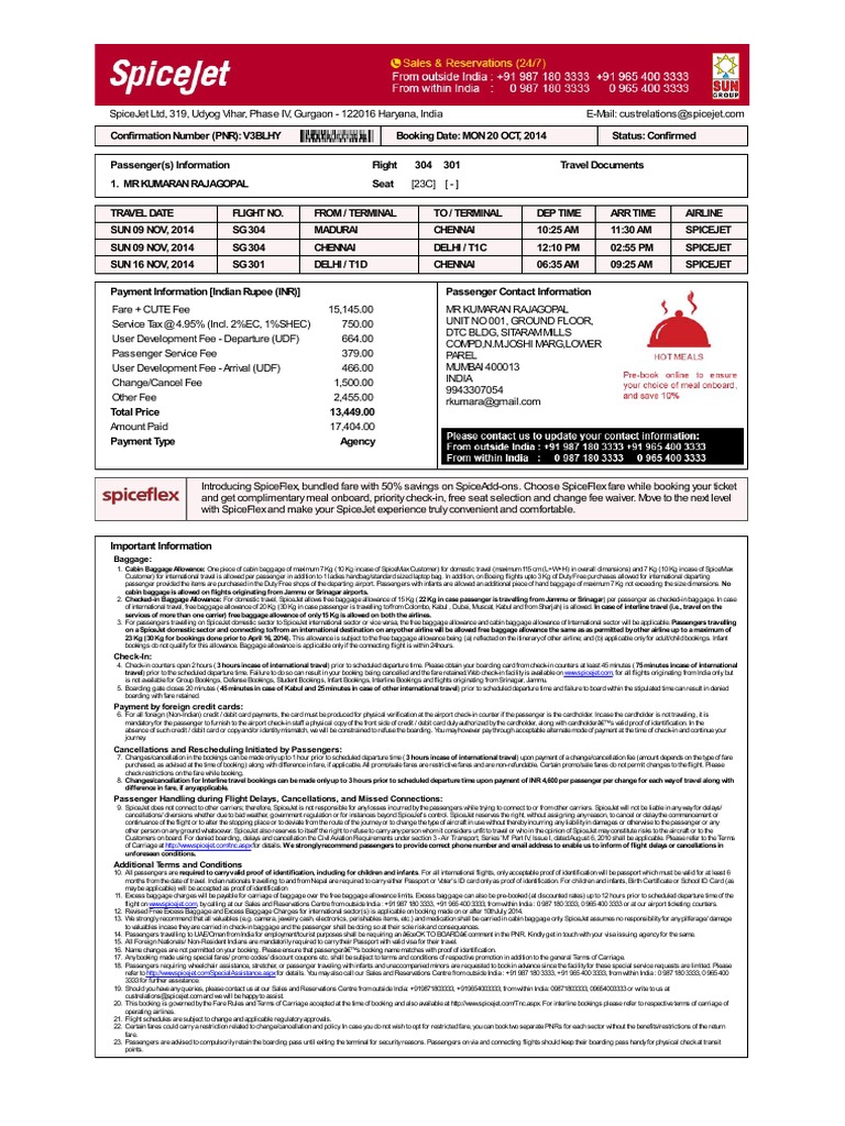 SpiceJet - E-Ticket - PNR V3BLHY - 09 Nov 2014 Madurai-Chennai For MR ...