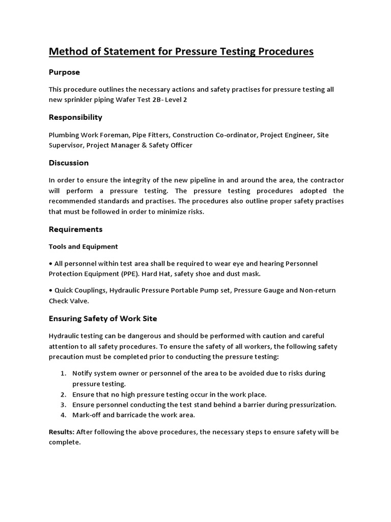 Method of Statement for Pressure Test.pdf | Leak | Valve