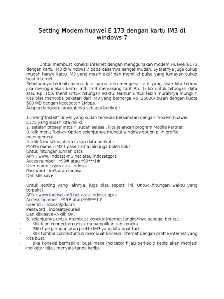 Setting Modem Huawei E 173 Dengan Kartu IM3 Di Windows 7 | PDF