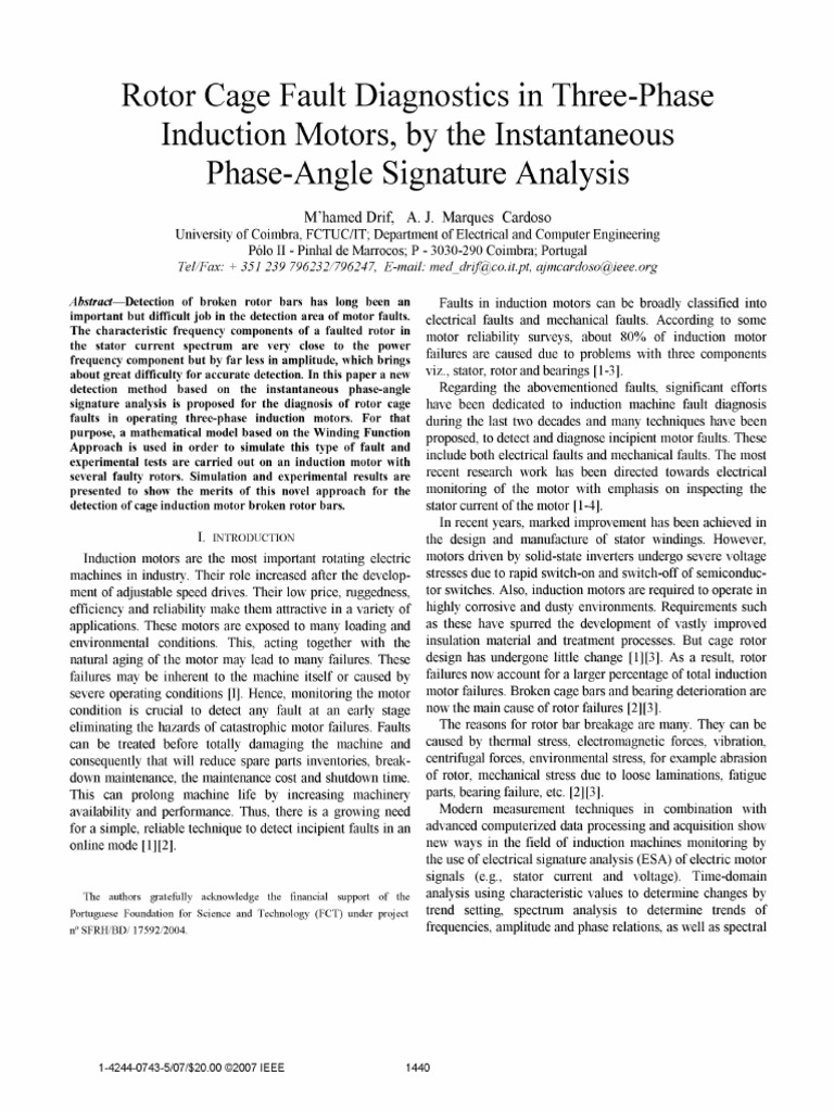 Induction Rotor Cage Fault Diagnostics In Three Phase Motors The Instantaneous Phase Angle