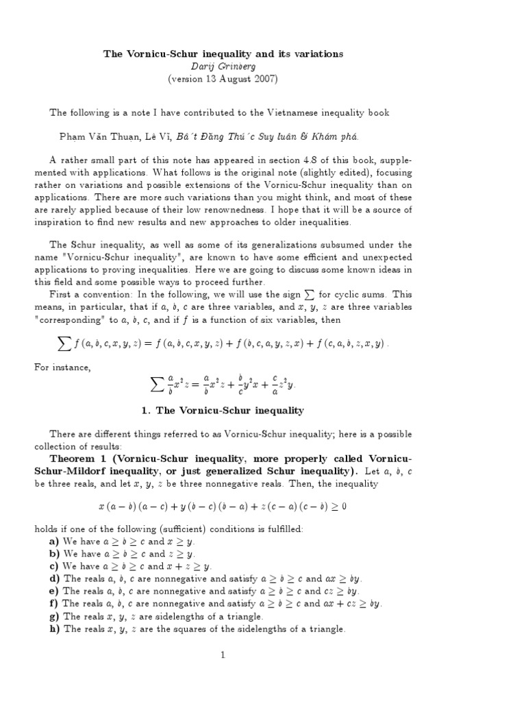 Darij Grinjberg - Vornicu Schur Inequality | PDF | Real Number ...