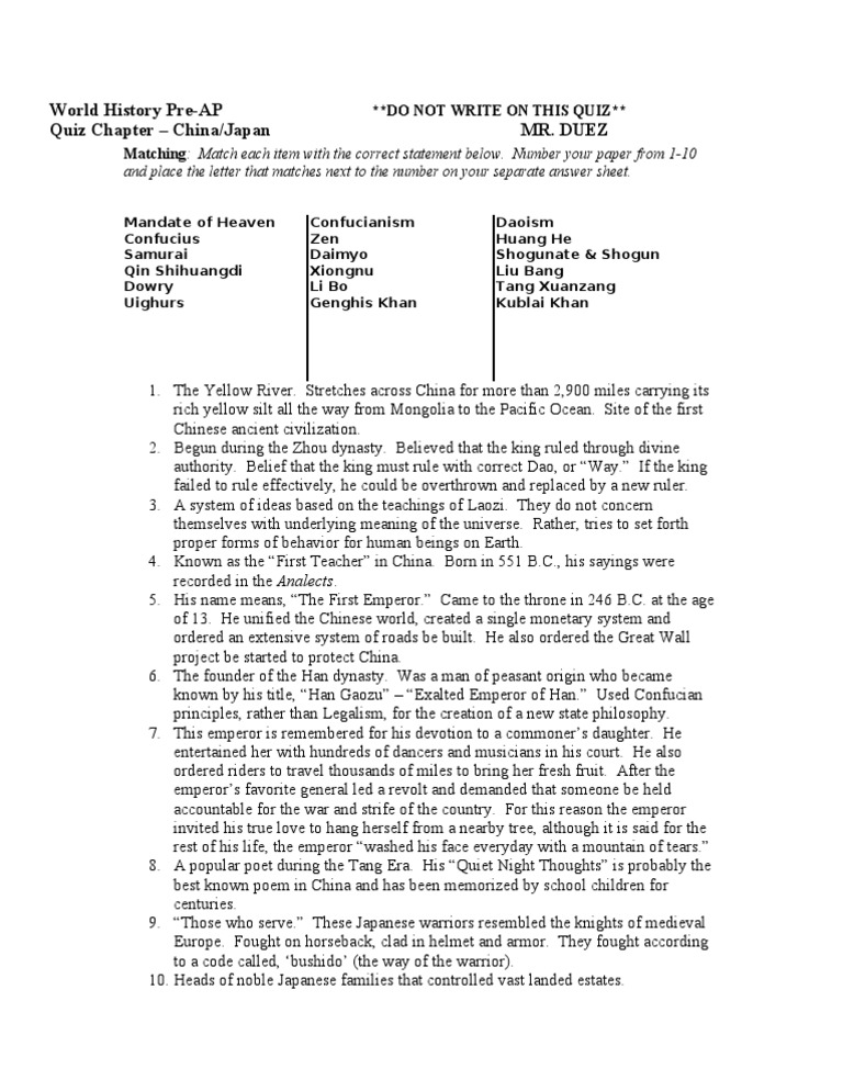 China and Japan History Quiz Guide | PDF | Confucianism | Han Dynasty