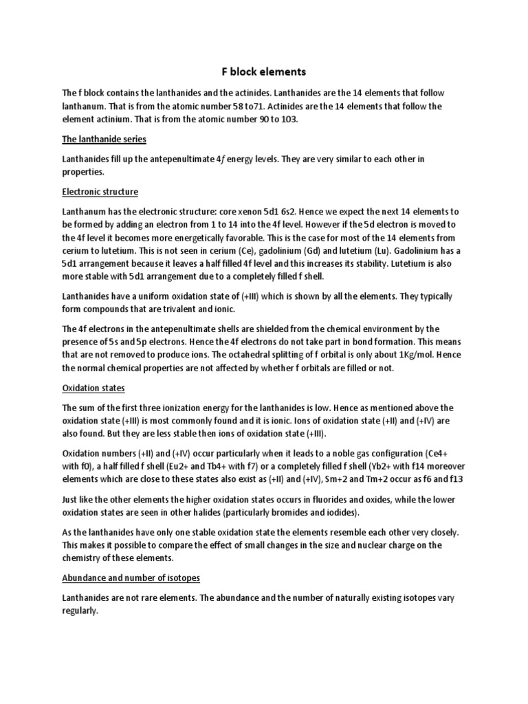 F Block Elements | PDF | Lanthanide | Actinide
