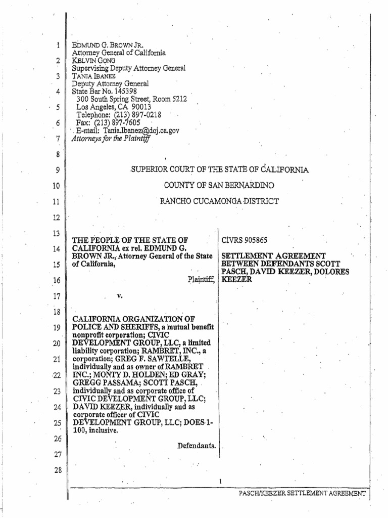 Scott Pasch Settlement With California in The COPS Case Signed 12292010 ...
