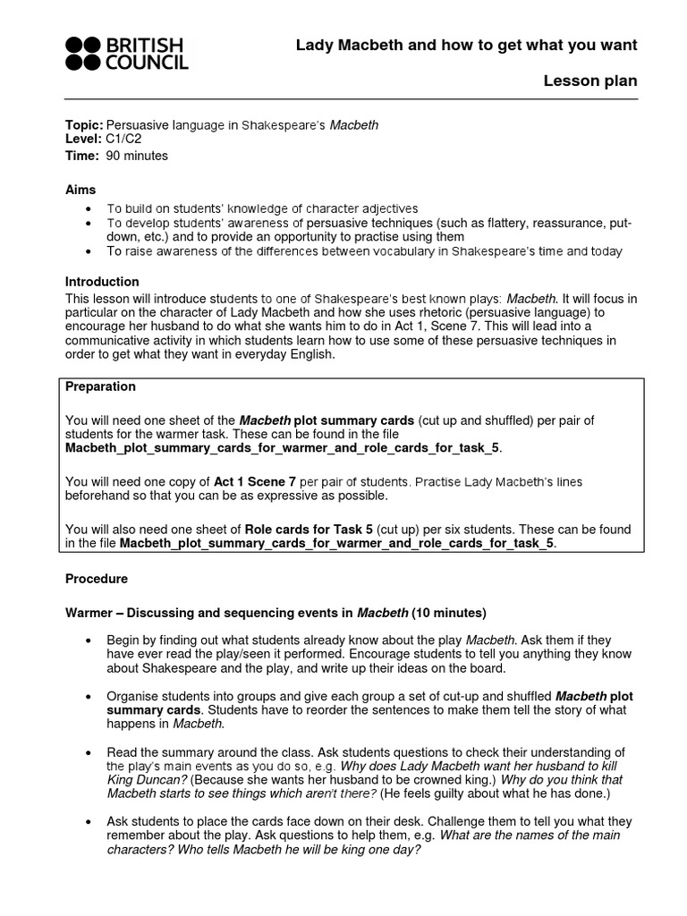Macbeth Lesson Plan | Macbeth | English Language