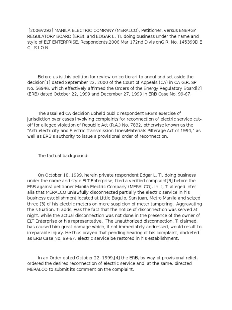 Meralco vs. ERB | PDF | Injunction | Complaint