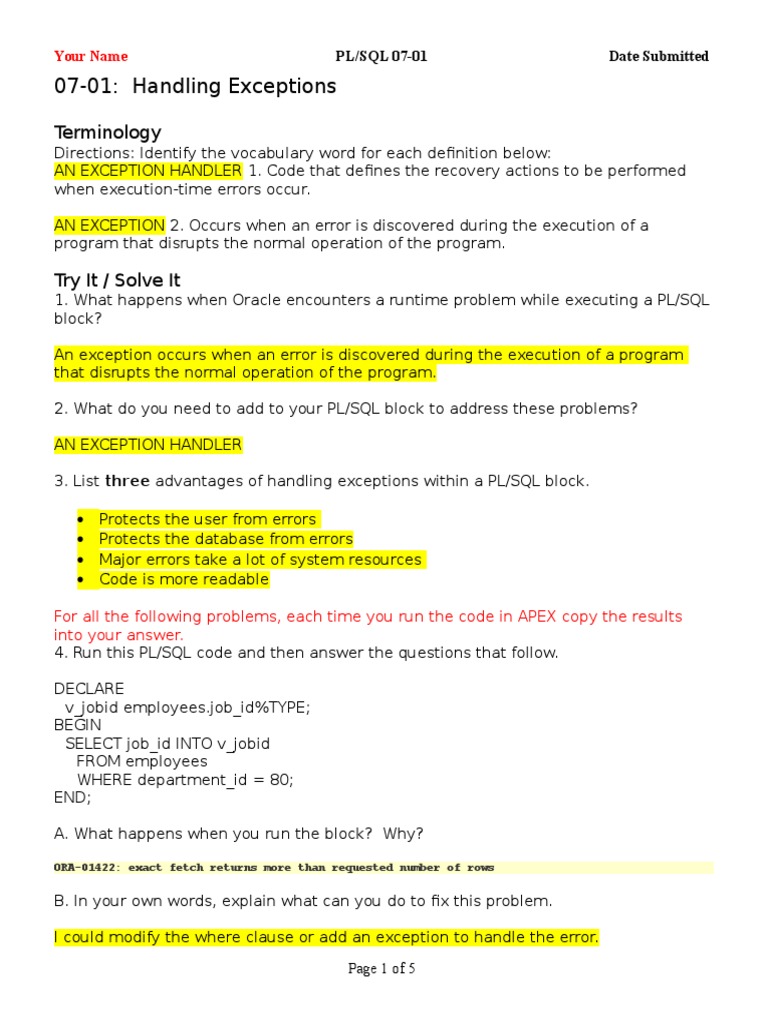 PLSQL 07 01 Handling Exceptions | PDF | Pl/Sql | Sql