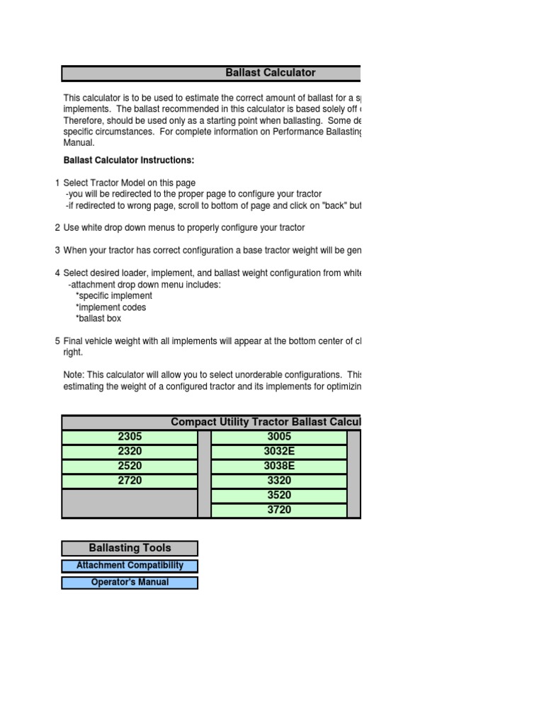 Ballast Calculator Instructions and Specifications | PDF | Tractor ...