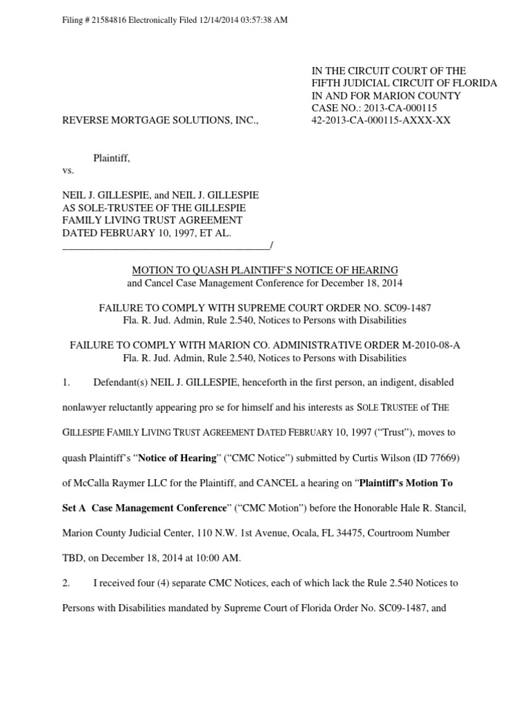 Motion To Quash Plaintiff's Notice of Hearing | PDF | Americans With ... Motion To Quash Plaintiff's Notice of Hearing | PDF | Americans With ...