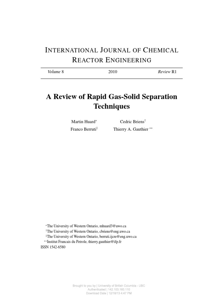 A Review of Rapid Gas-Solid Separation Techniques, Int J Chem Reactor ...