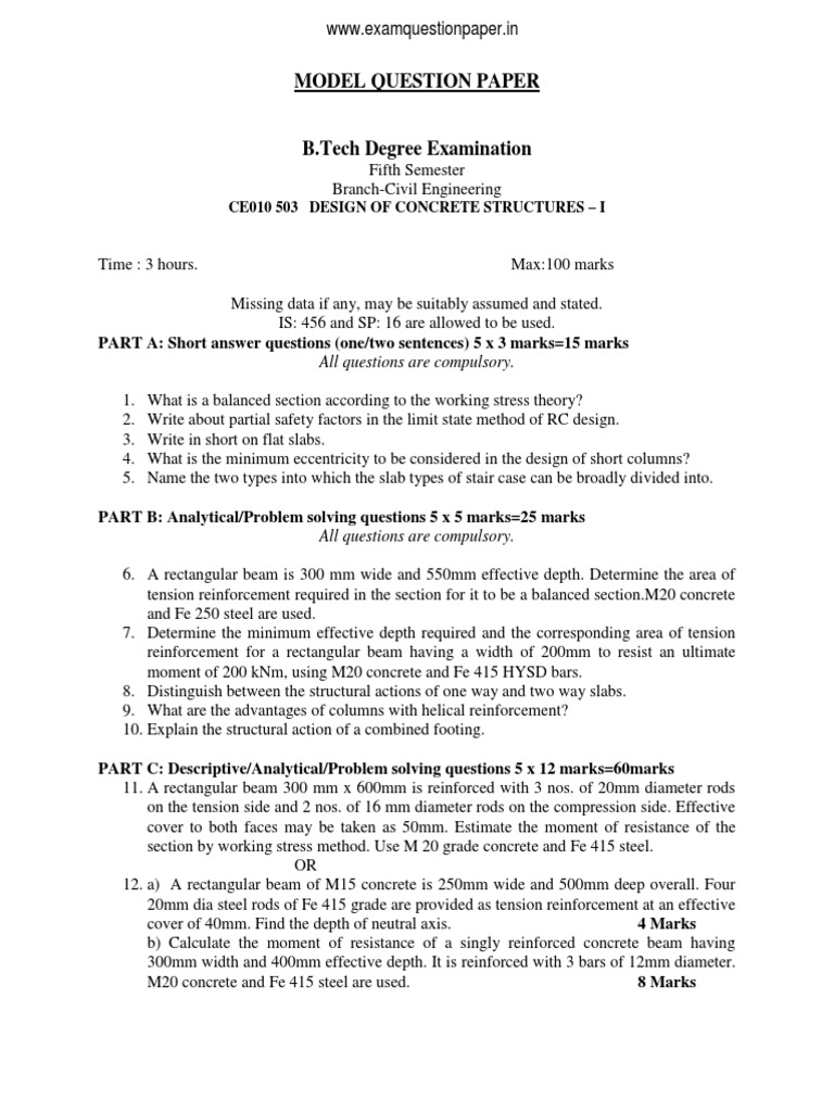 Concrete Structures Exam Question Paper | PDF | Beam (Structure) | Stairs