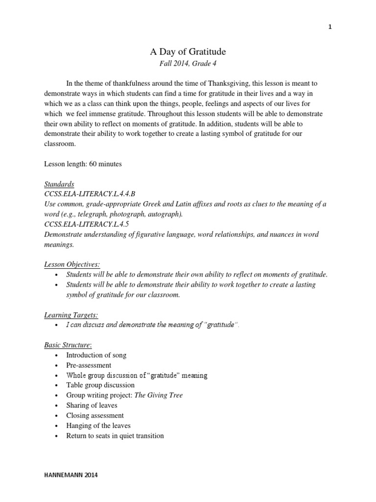 Gratitude Lesson Plan for Grade 4 | PDF | Gratitude | Cognition