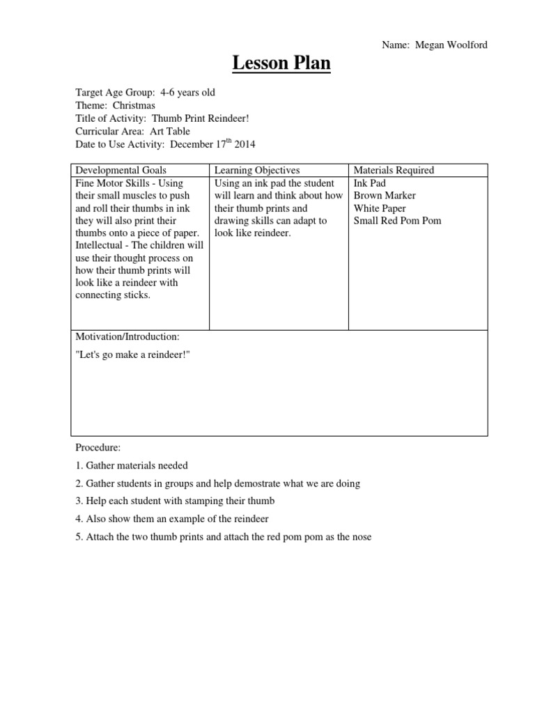 Thumb Print Reindeer Activity Plan | PDF | Career & Growth | Language ...